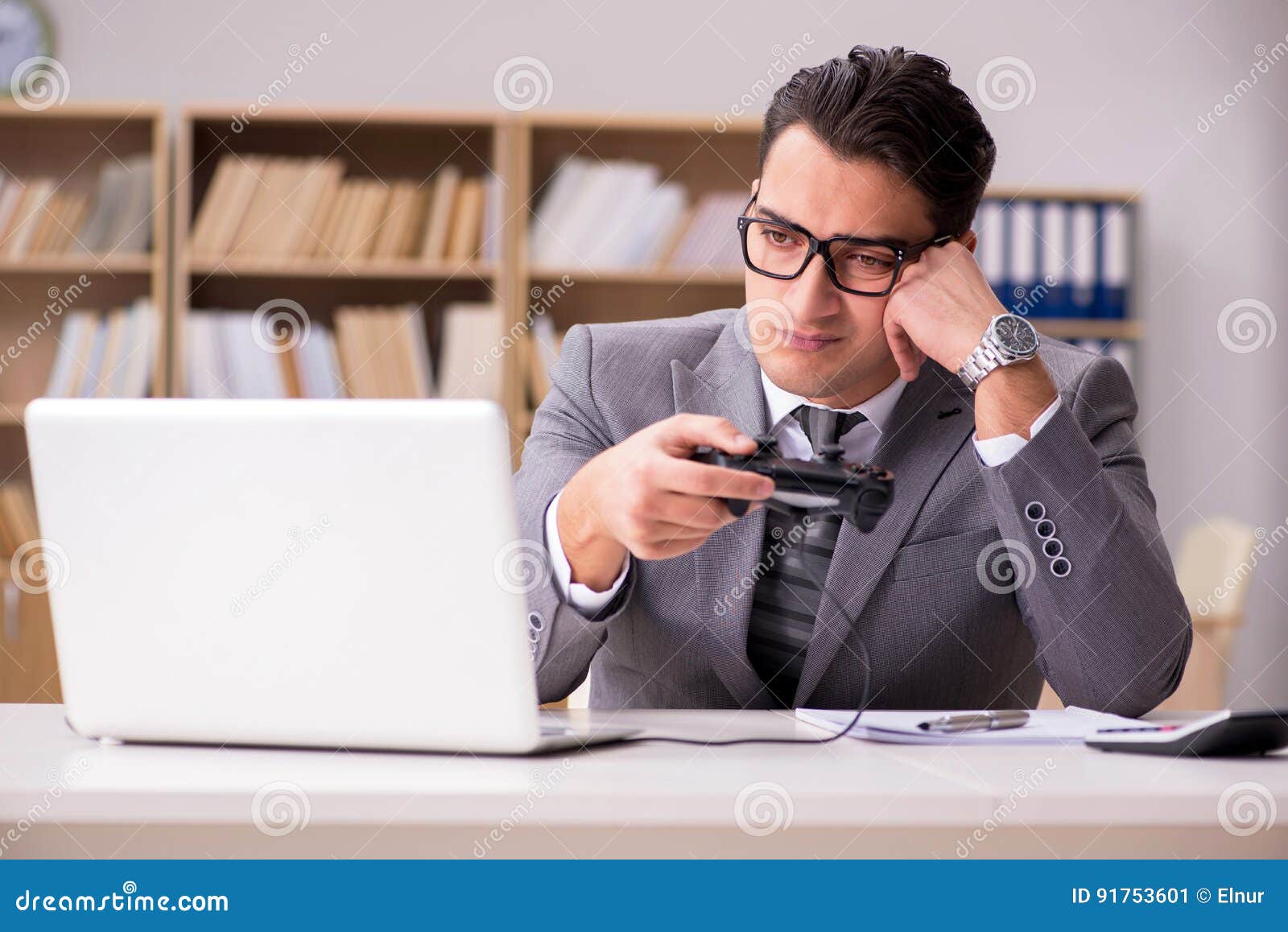 The Businessman Playing Computer Games at Work Office Stock Image ...