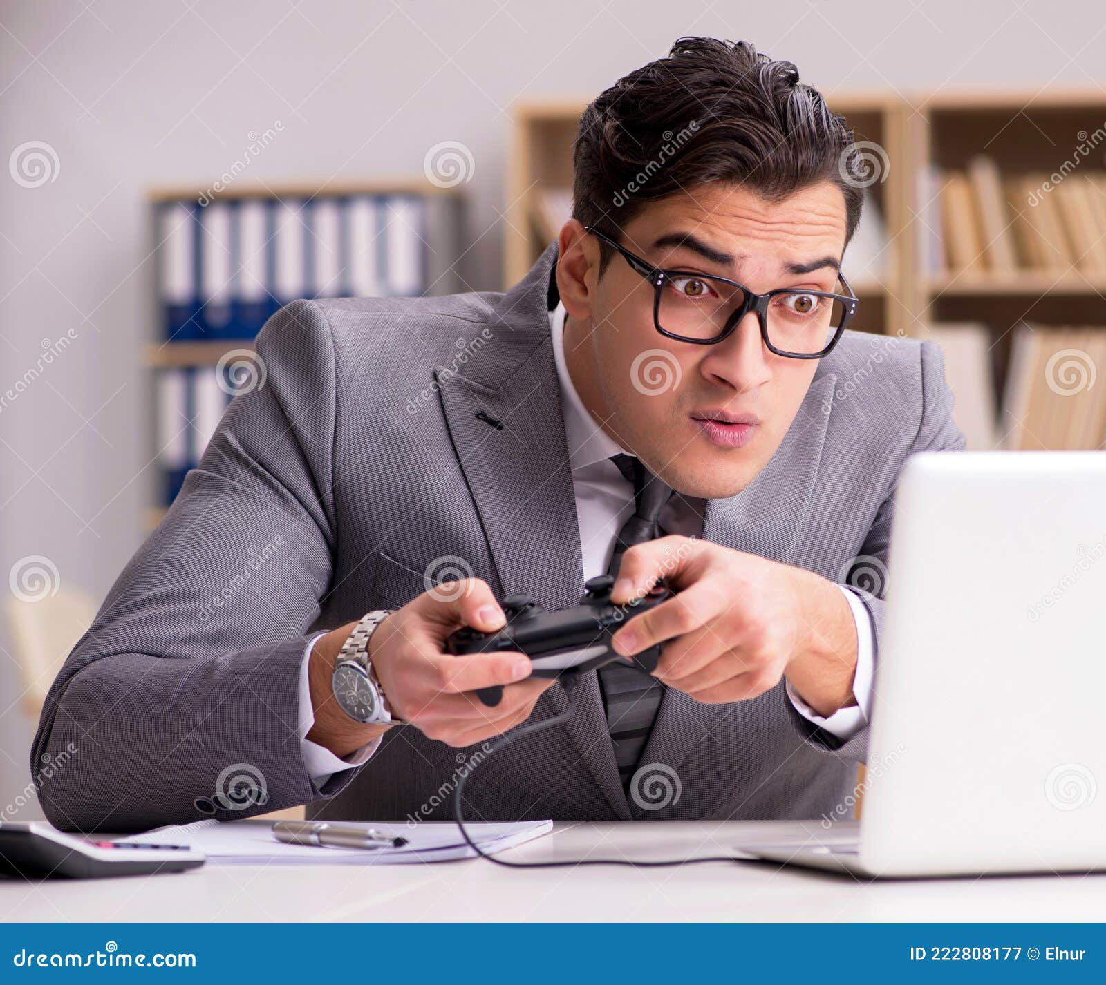 Businessman Playing Computer Games at Work Office Stock Image - Image ...