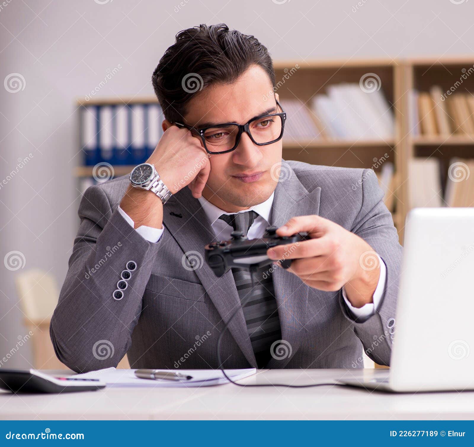 Businessman Playing Computer Games at Work Office Stock Image - Image ...