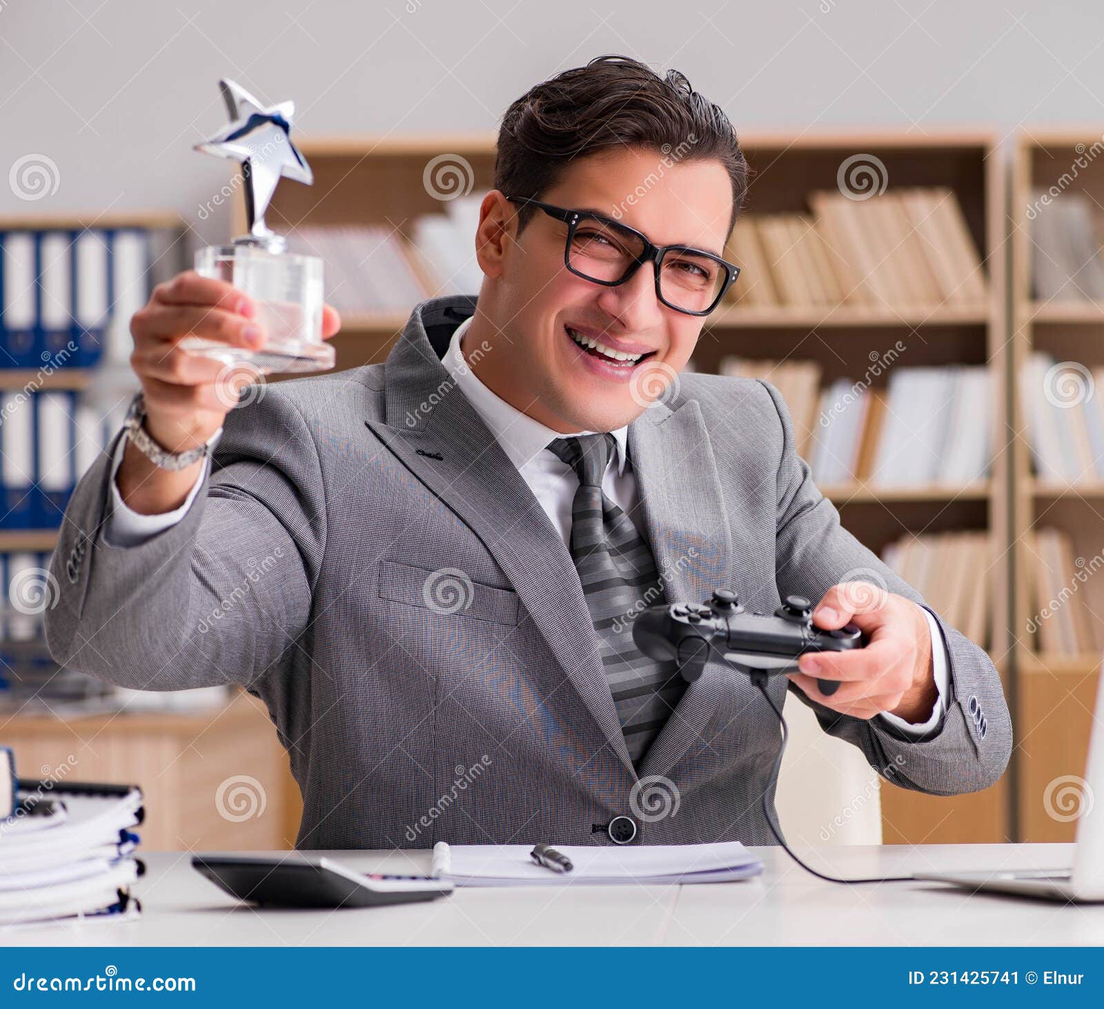 Businessman Playing Computer Games at Work Office Stock Image - Image ...