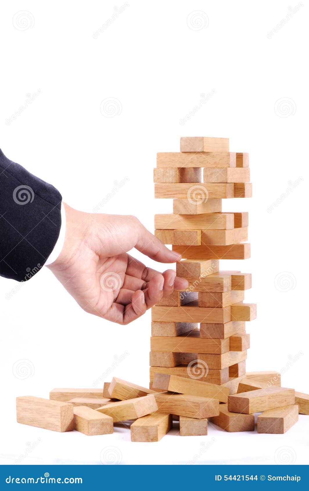 Businessman Playing with the Wood Game (jenga). on White Background ...