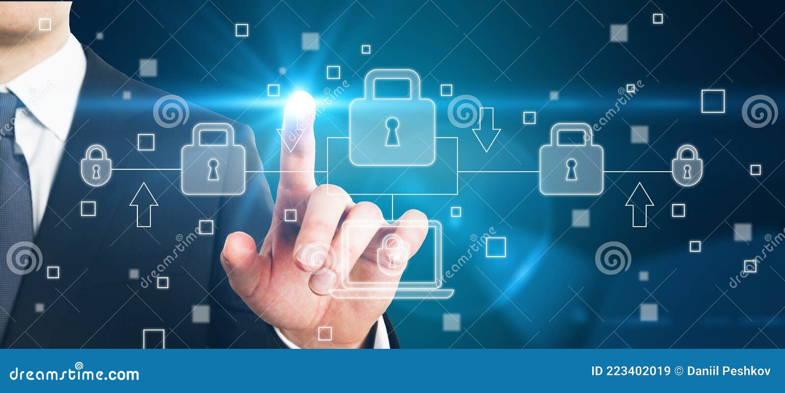 Businessman Pointing at Abstract Glowing Computer Network and Lock ...