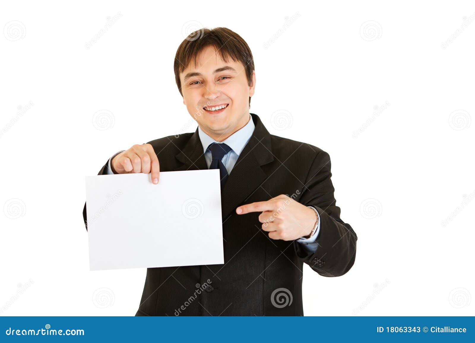 Businessman Pointing Finger at Empty White Paper Stock Image - Image of ...