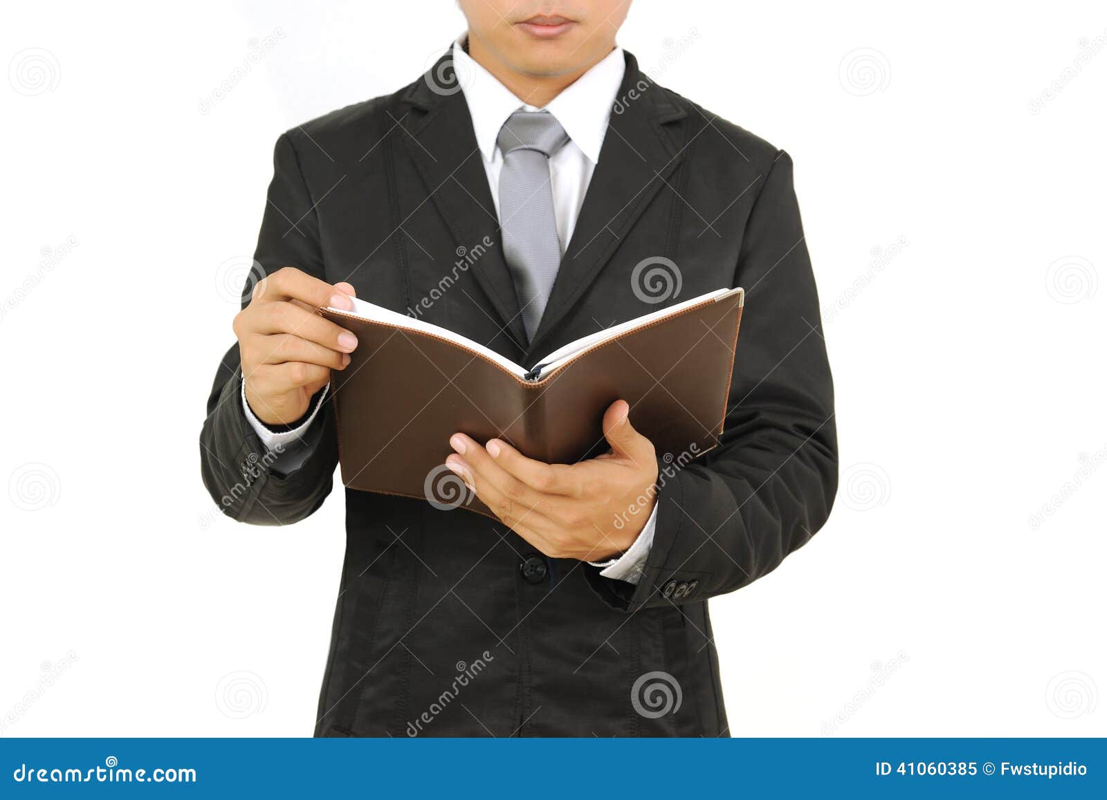 Businessman Pointing and Holding Note Book Isolated on White Background ...