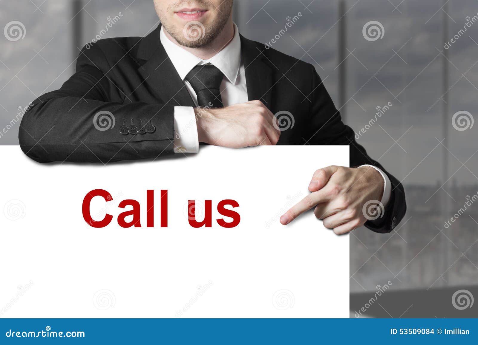 Businessman Pointing on Sign Call Us Stock Photo - Image of enterprise ...