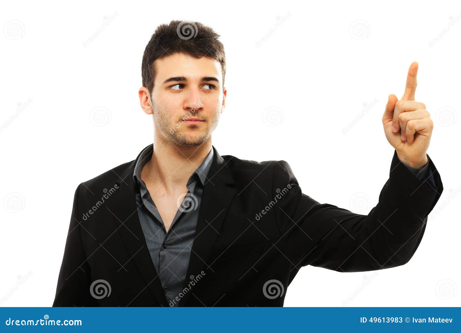 Businessman pointing up stock image. Image of white, front - 49613983