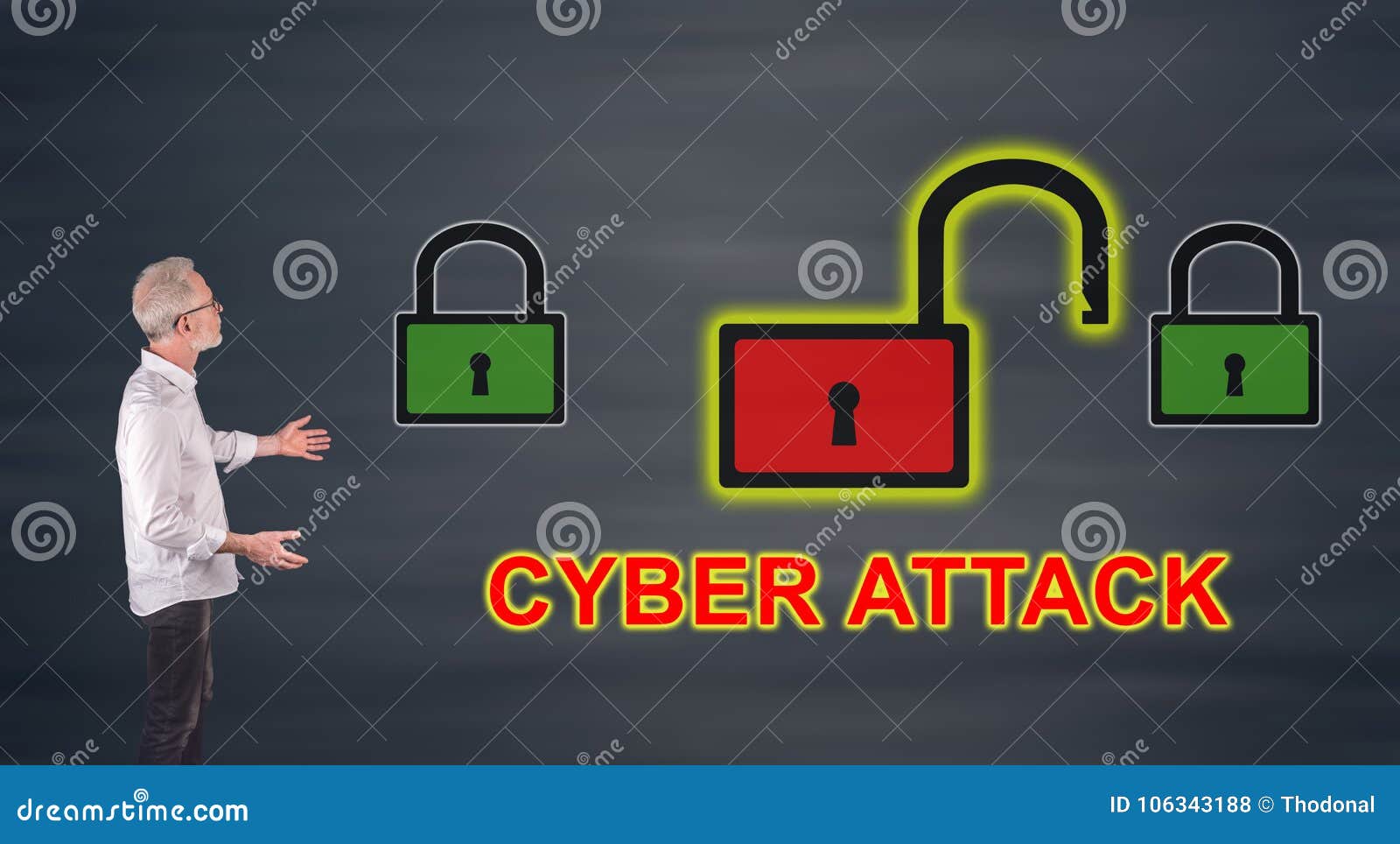 Businessman Presenting a Cyber Attack Concept on a Wall Screen Stock ...