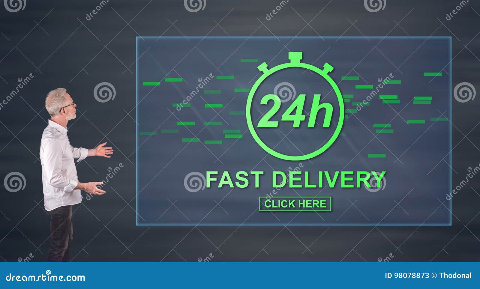 Businessman Presenting a Fast Delivery Concept on a Wall Screen Stock ...