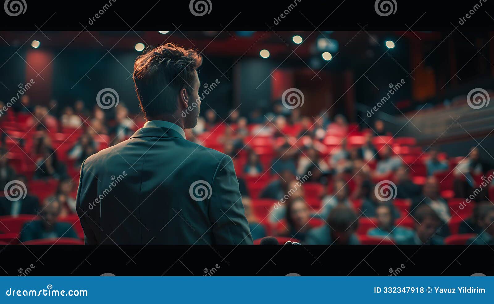 Businessman Presenting on the Stage from Back View Stock Illustration ...