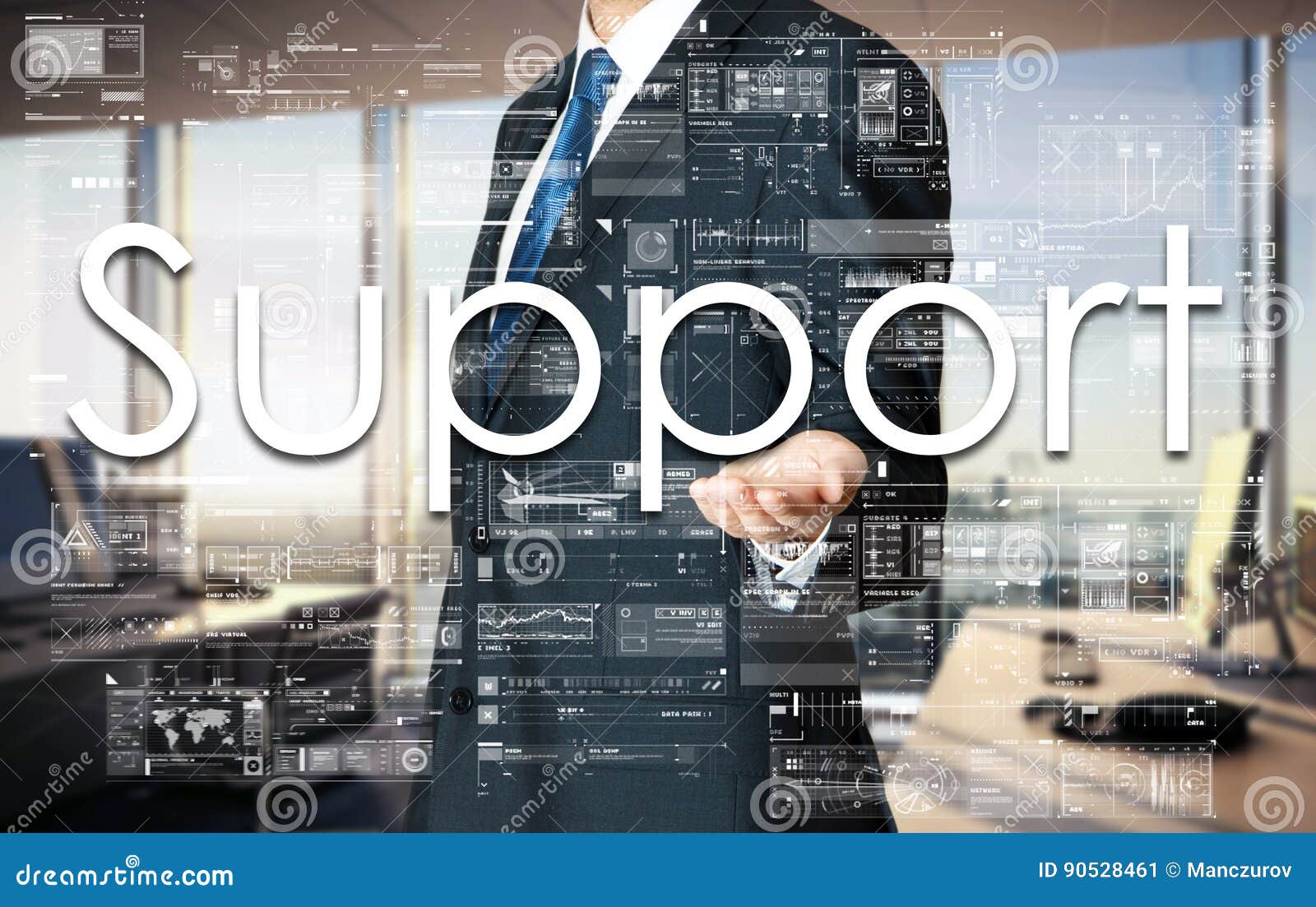 Businessman Presenting Text Support on Virtual Screen. he is in Stock ...
