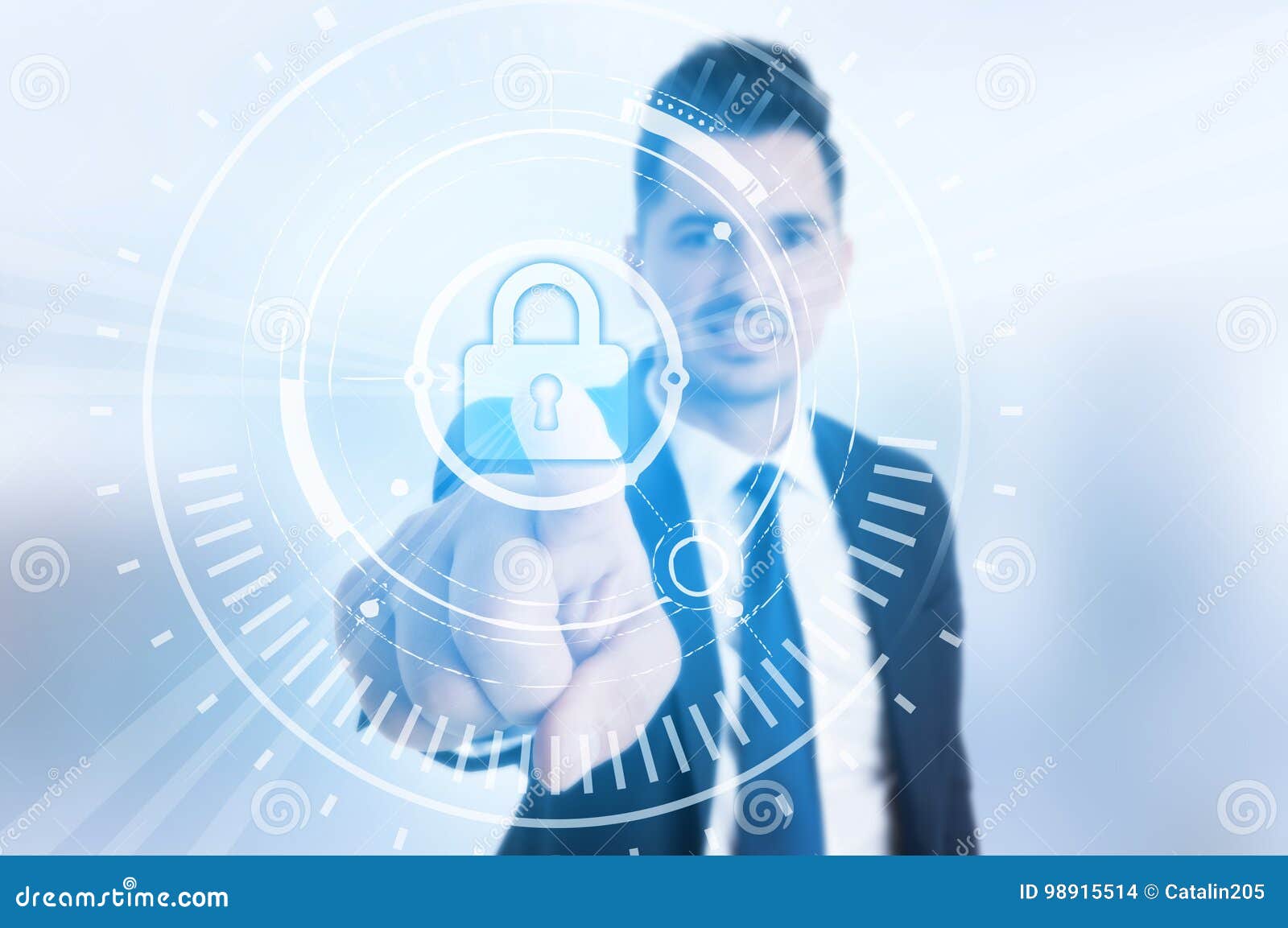 Businessman Press Shield Lock on Virtual Screen Stock Photo - Image of ...