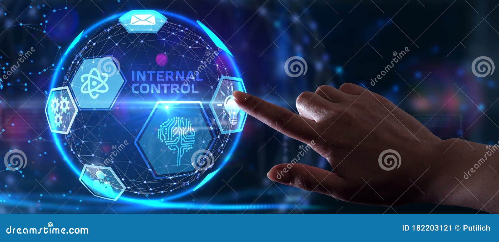 Businessman Presses Button Internal Control on Virtual Screens ...