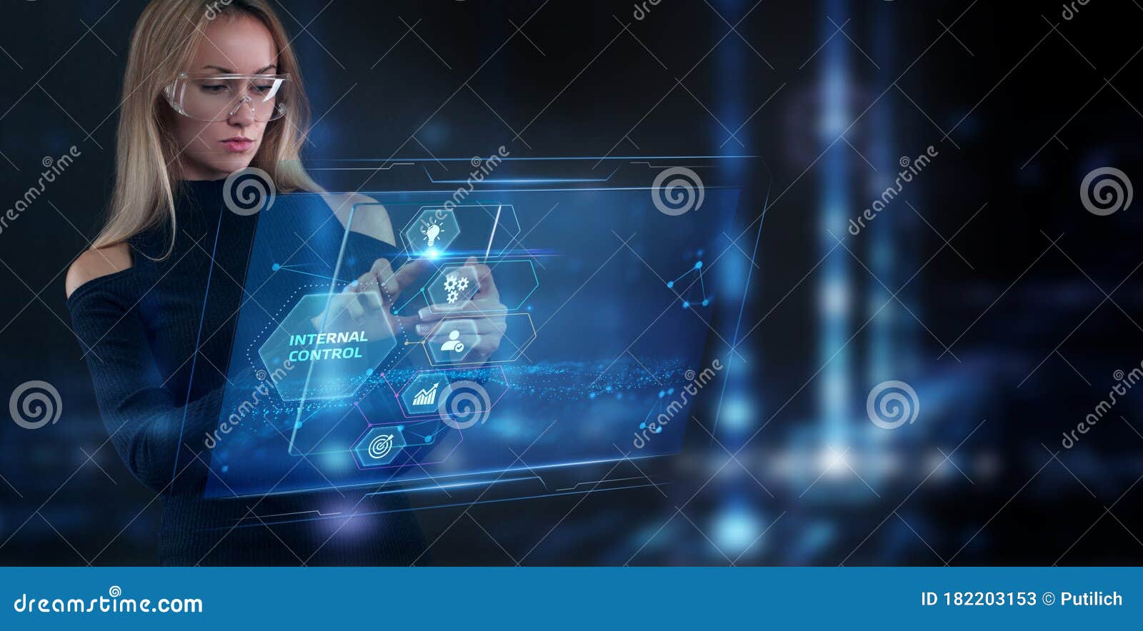 Businessman Presses Button Internal Control on Virtual Screens ...