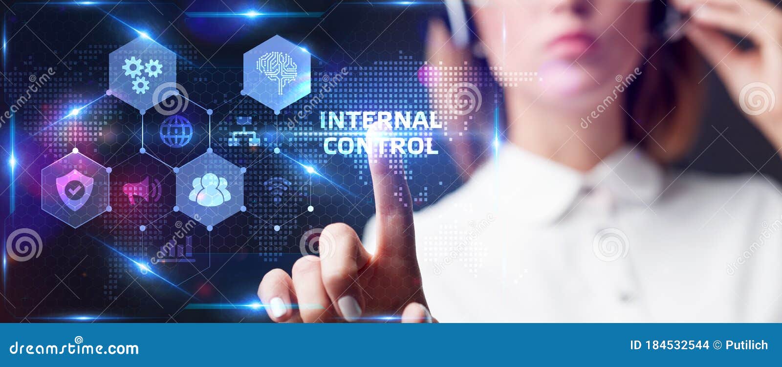 Businessman Presses Button Internal Control on Virtual Screens ...