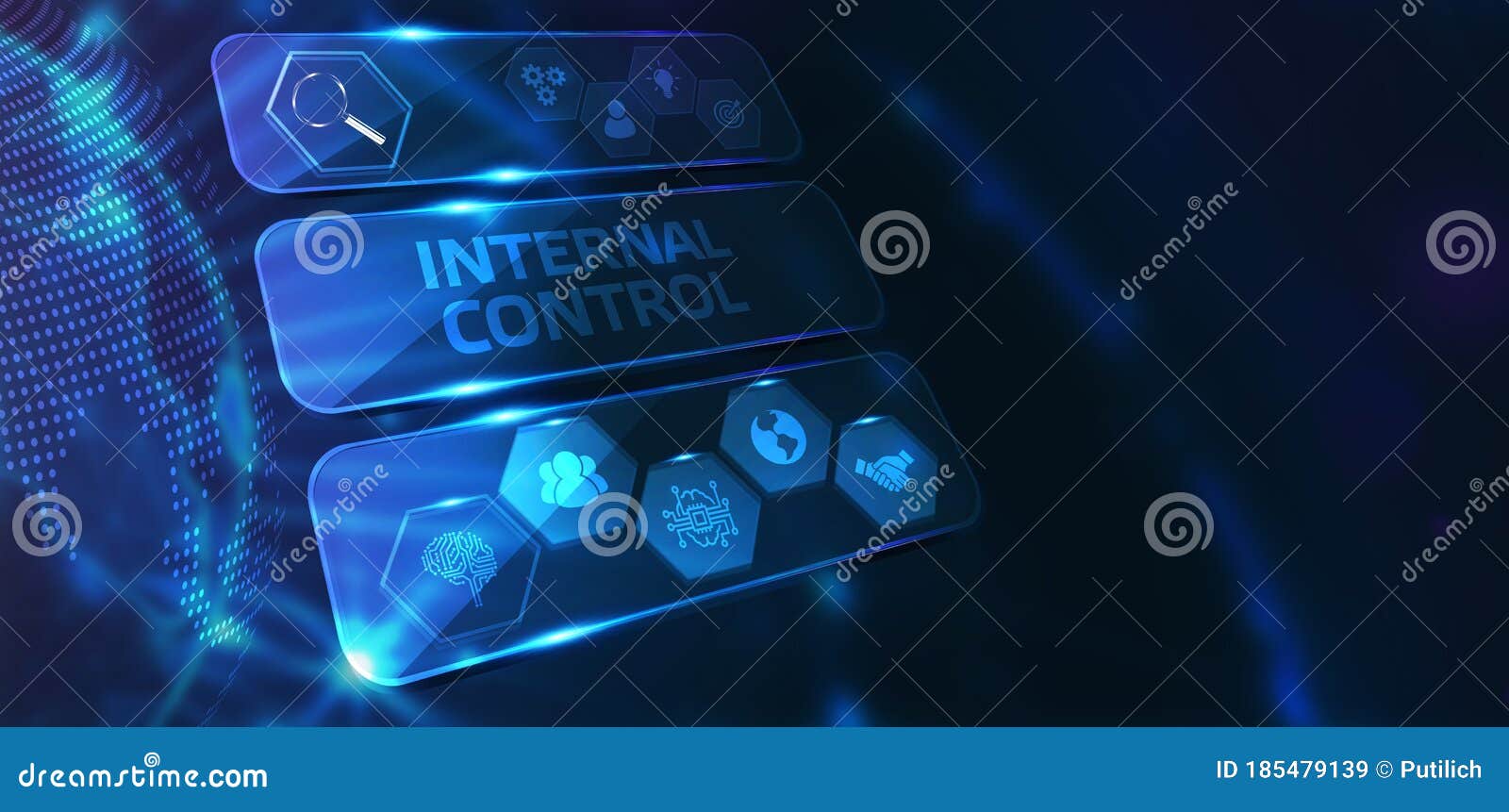 Businessman Presses Button Internal Control on Virtual Screens ...