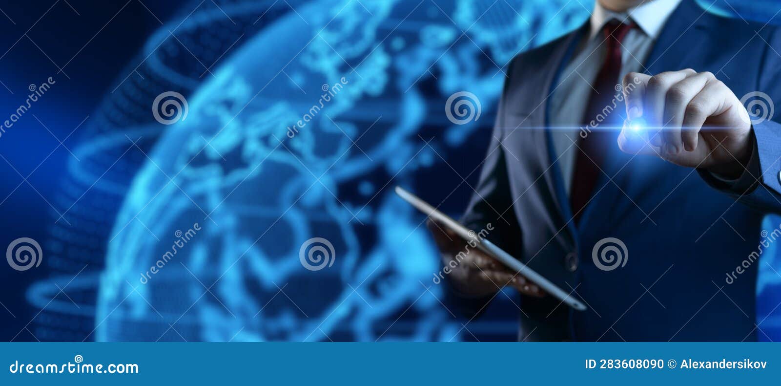 Businessman Presses a Button on the Virtual Screen. a Man Pointing at a ...