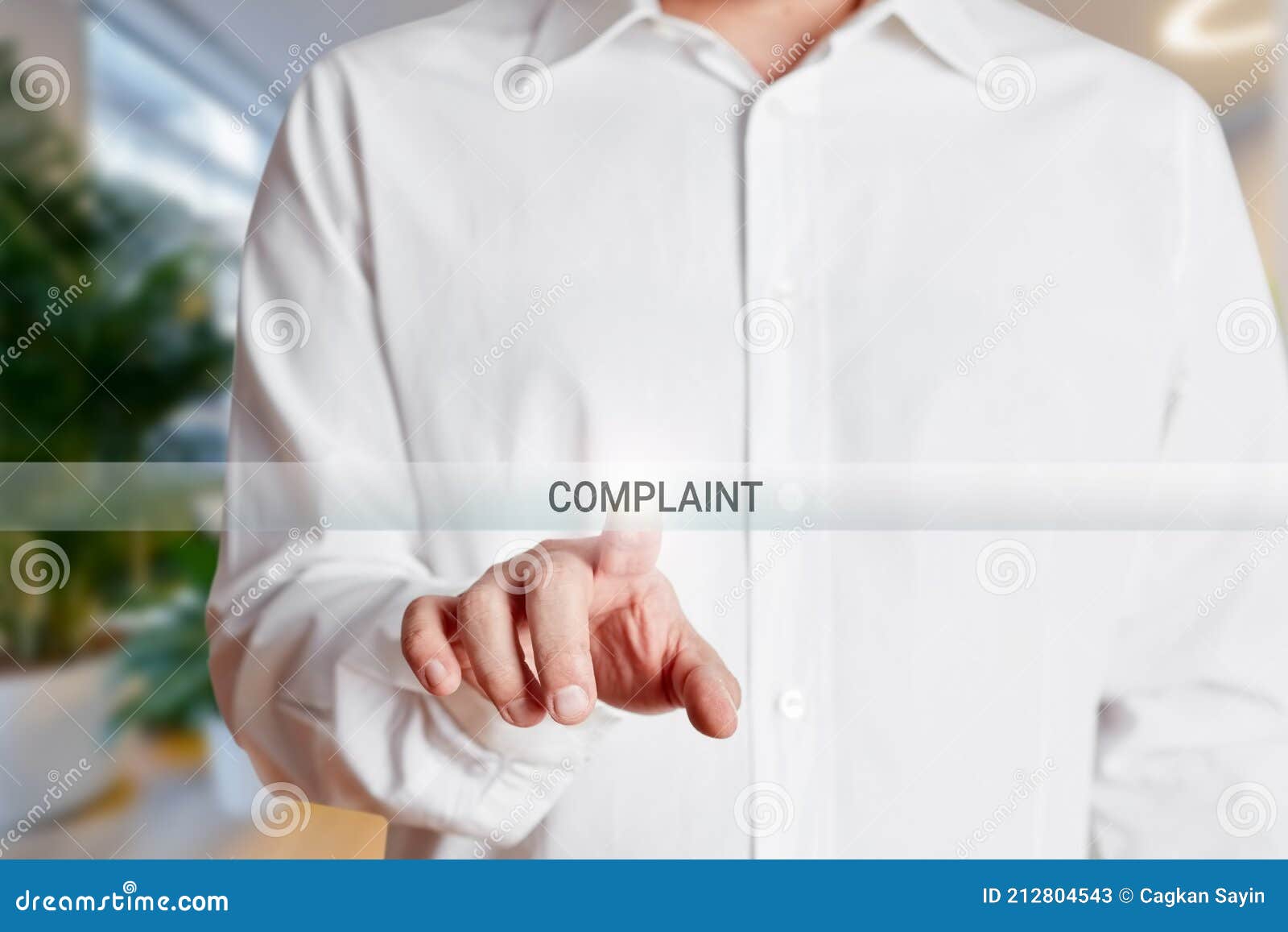 Businessman Presses Complaint Button on a Virtual Screen Stock Image ...