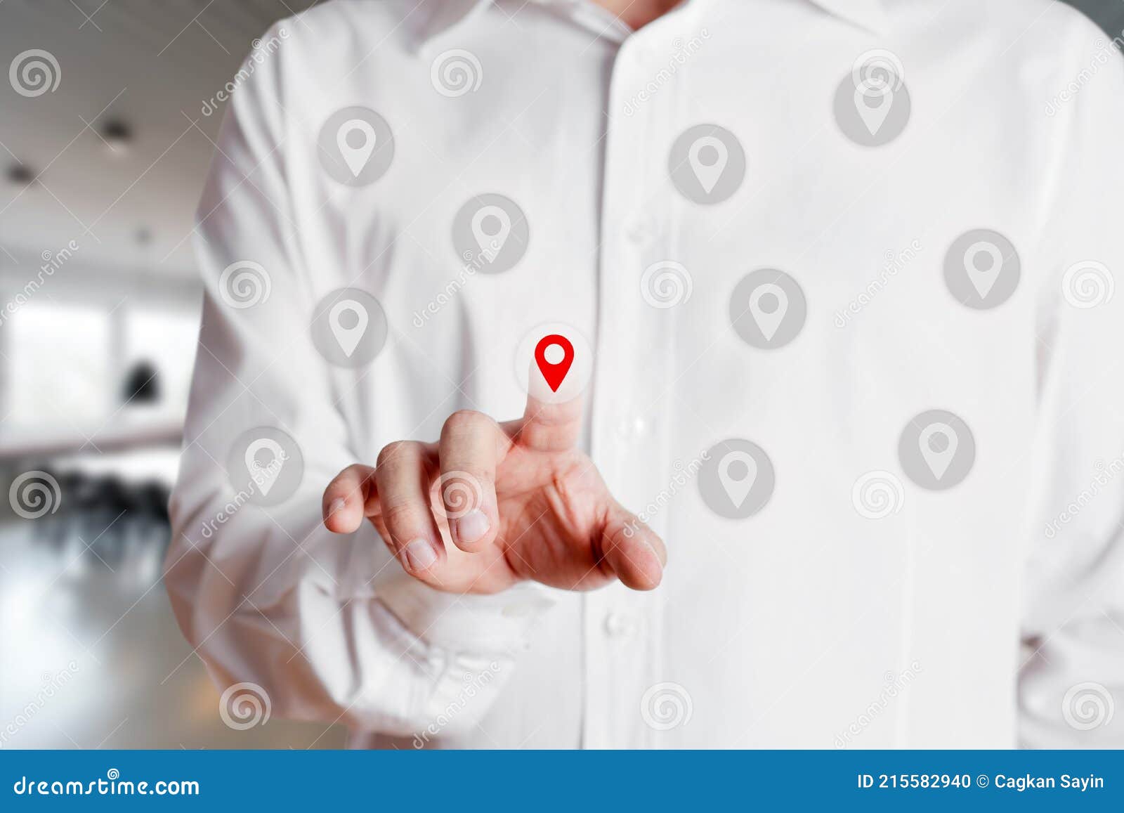 Businessman Presses on and Selects a Location or Map Pin Icon on ...