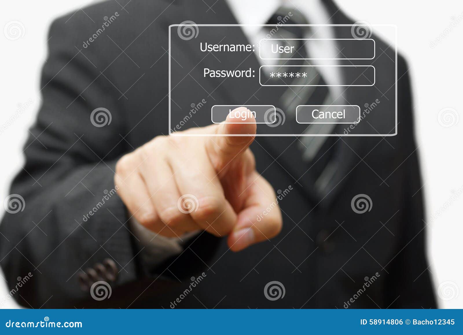 Businessman Pressing Authentication Button on Login Display Stock Photo ...