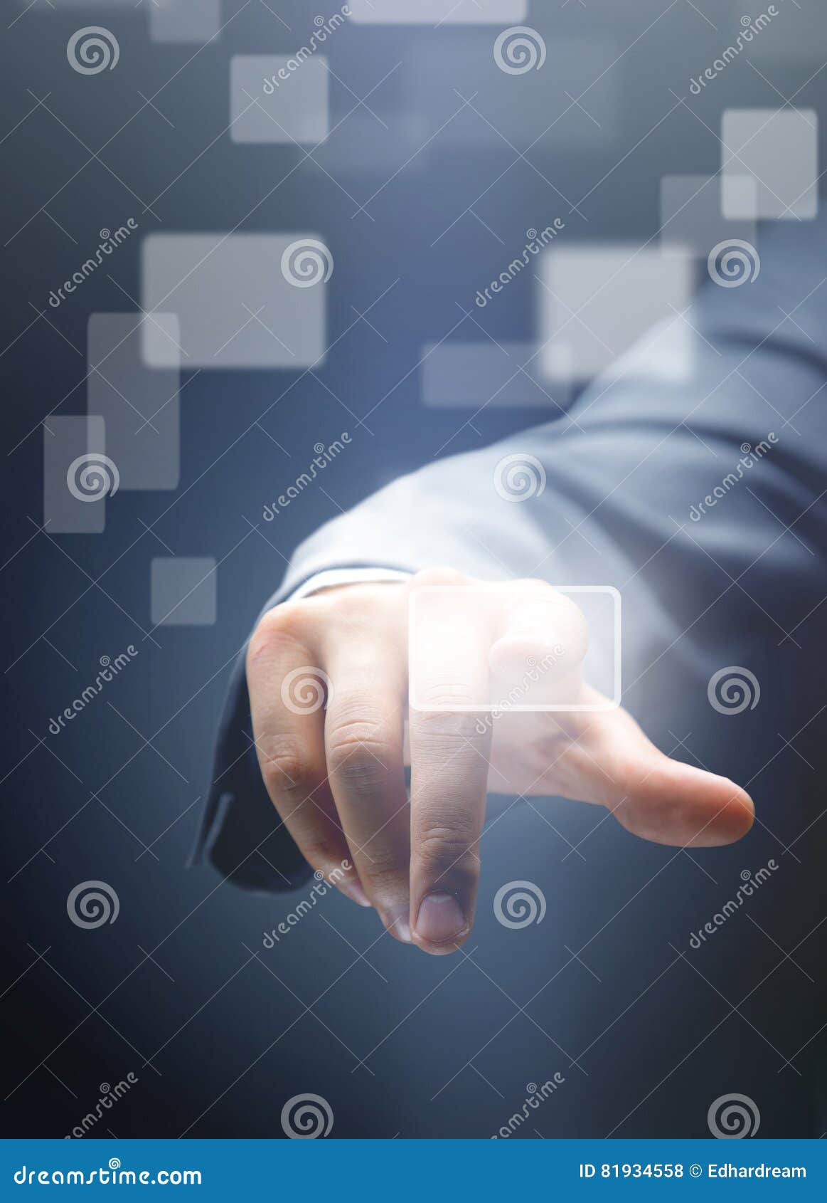 Businessman Pressing Button with Contact on Virtual Screens Stock Photo ...