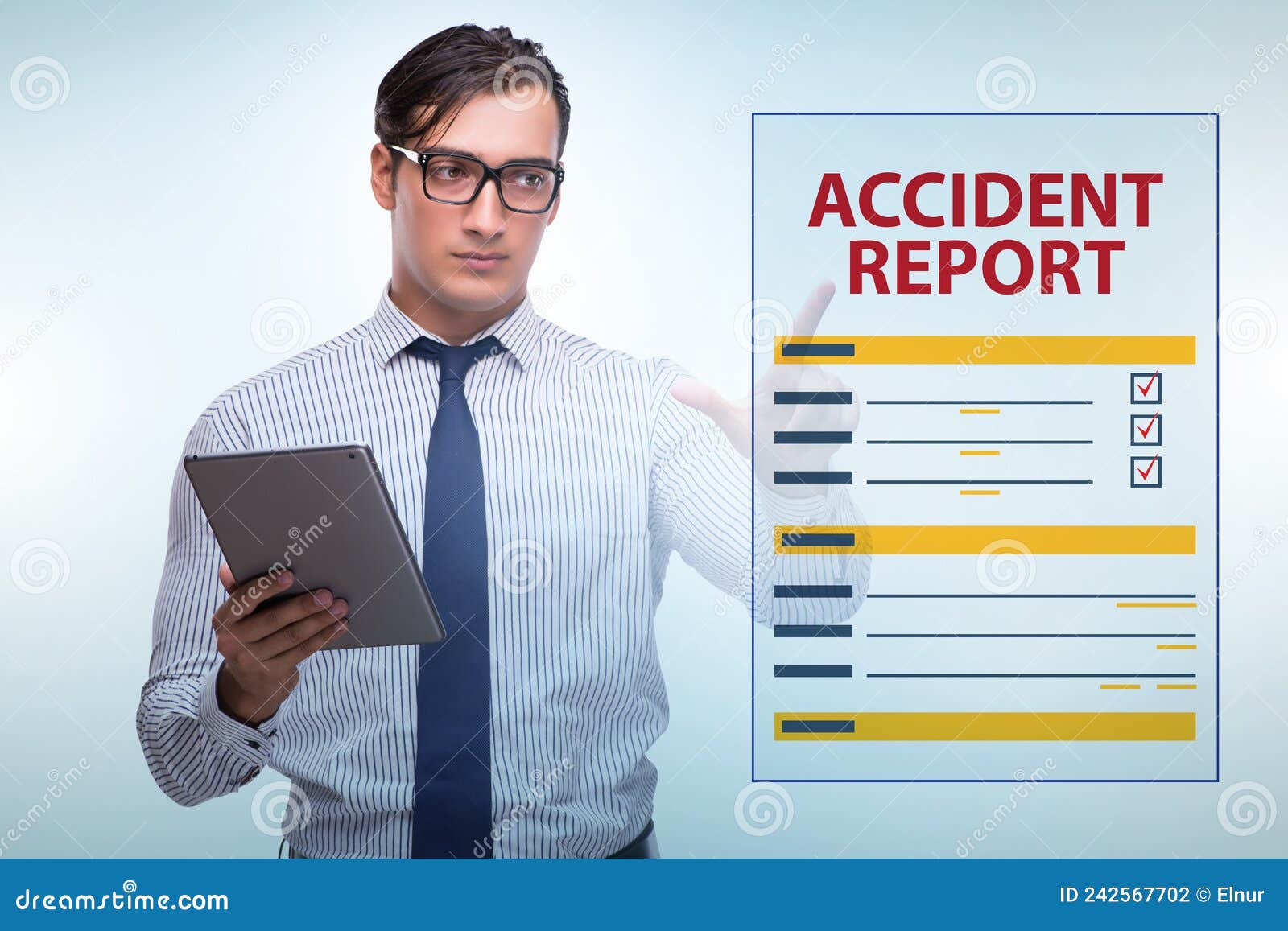 Businessman Pressing Buttons on Virtual Accident Report Stock Photo ...