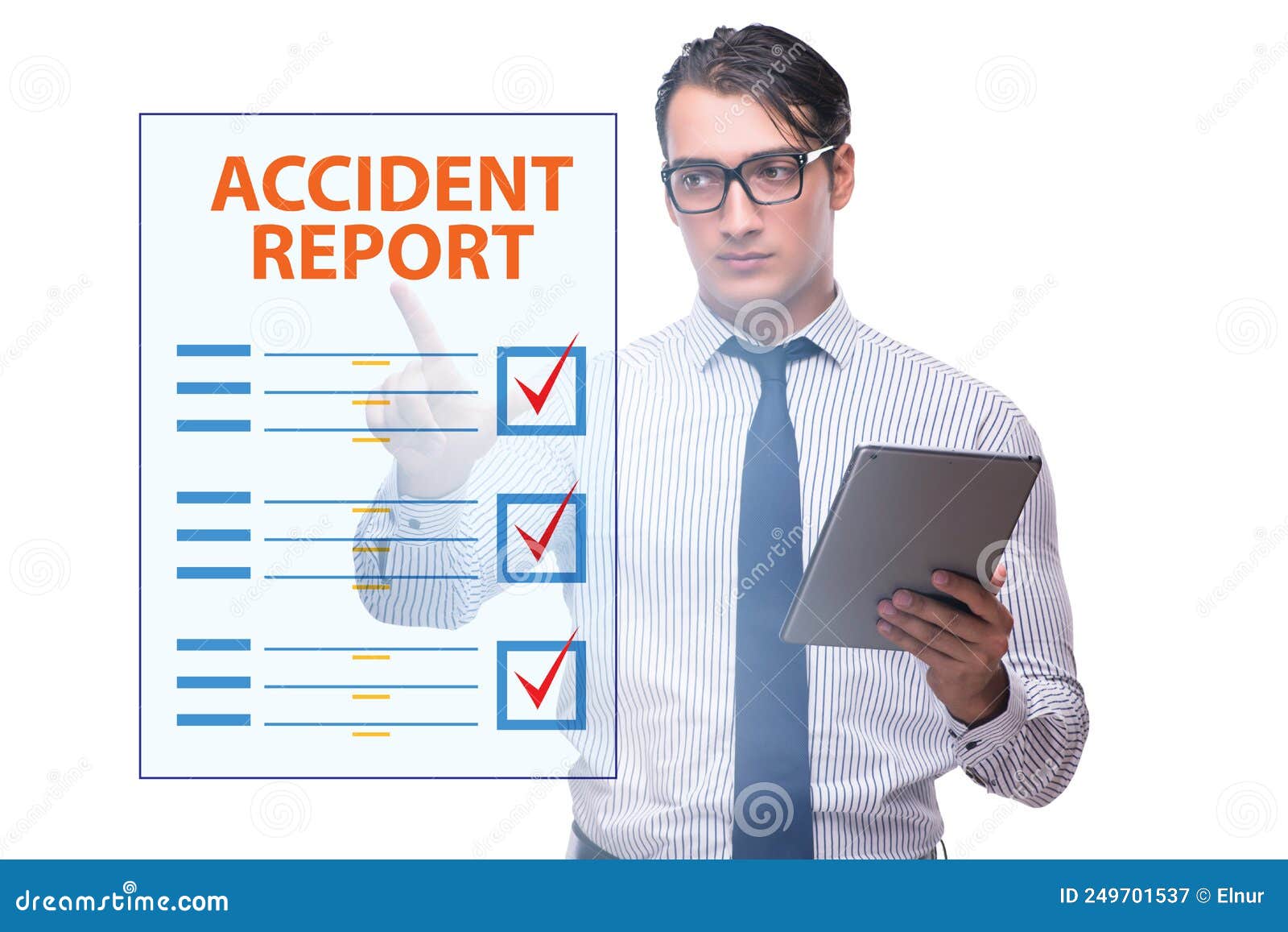 Businessman Pressing Buttons on Virtual Accident Report Stock Image ...
