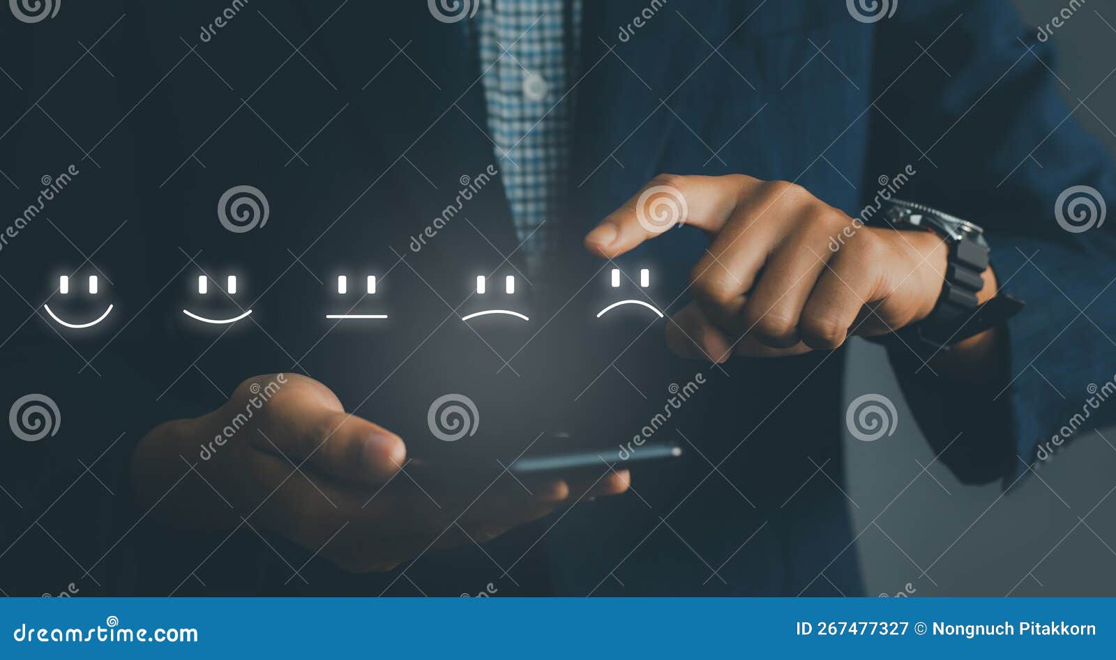 Businessman Pressing Face Emoticon on Virtual Touch Screen. Customer ...
