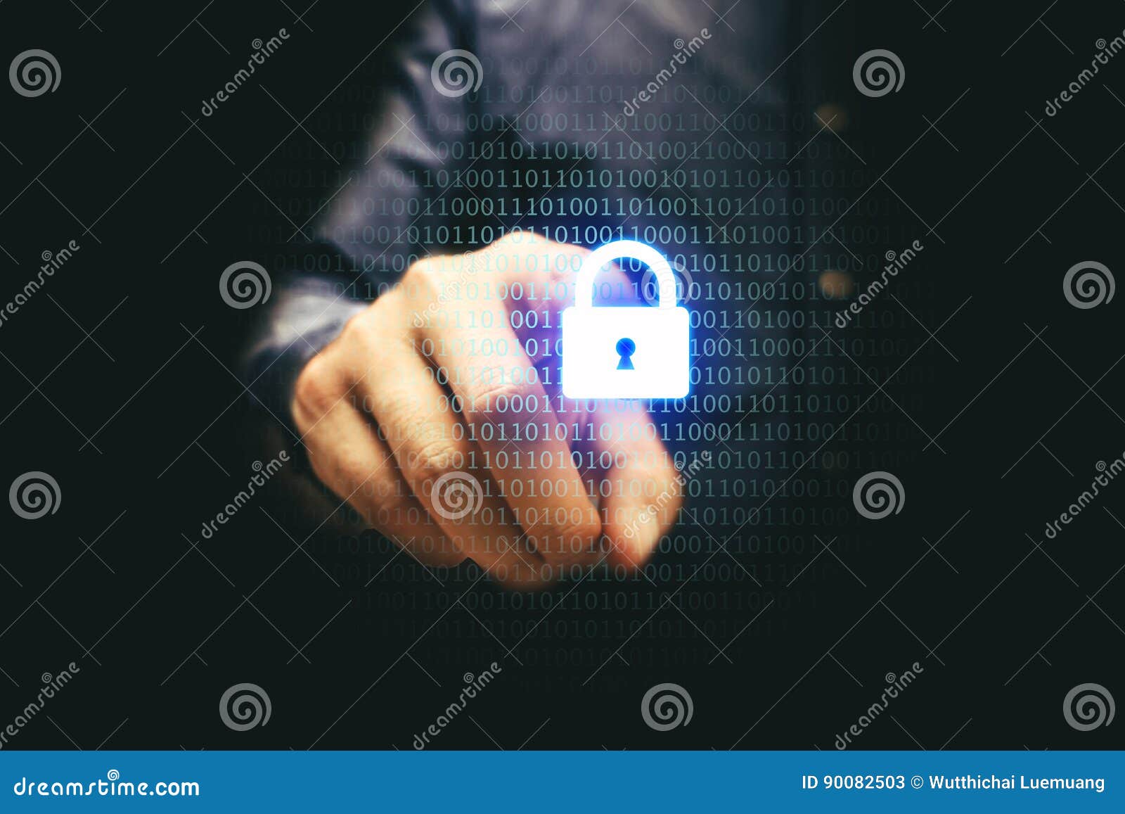 Businessman Pressing Lock Icon with Binary, Cyber Security Concept ...