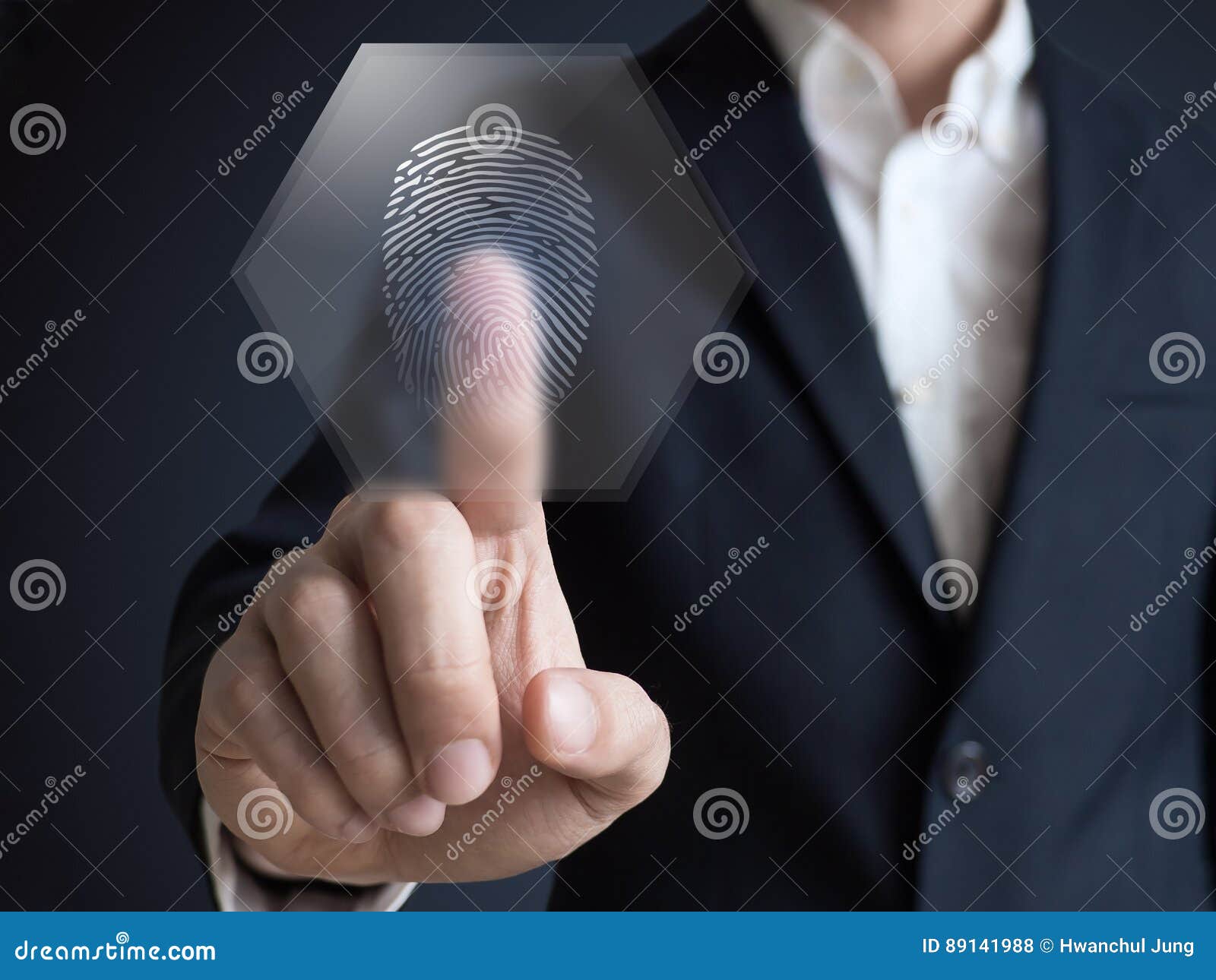 Businessman Pressing Modern Technology Panel Finger Print Stock Photo ...