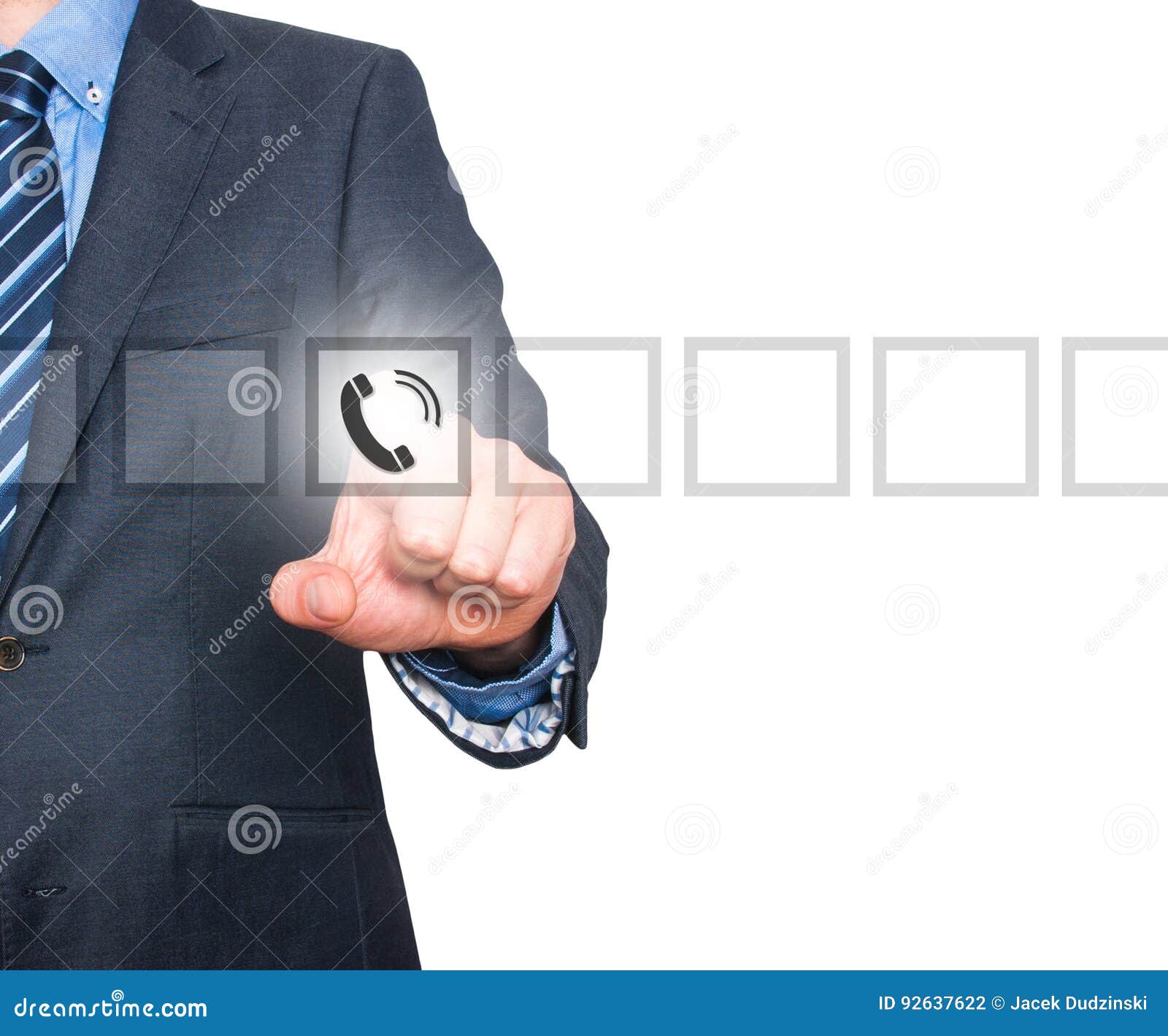 Businessman Pressing Phone Button, Visual Screen Stock Photo - Image of ...