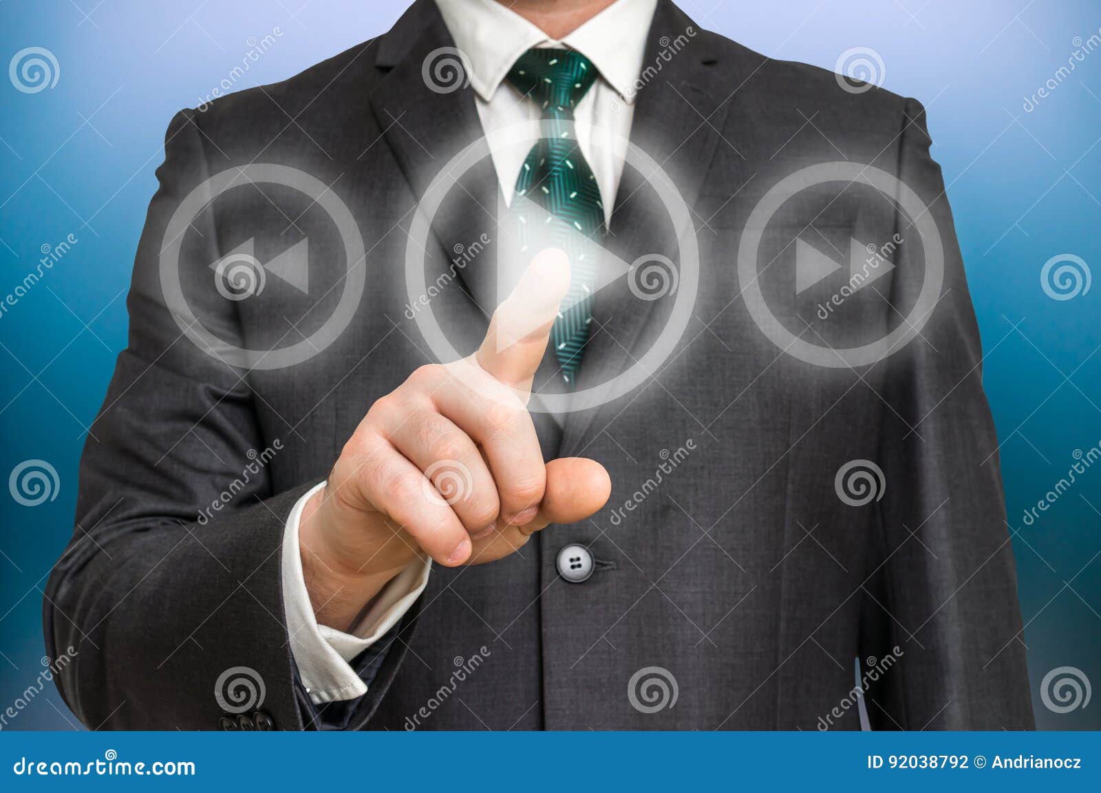 Businessman Pressing Play Button on a Virtual Background Stock Photo ...