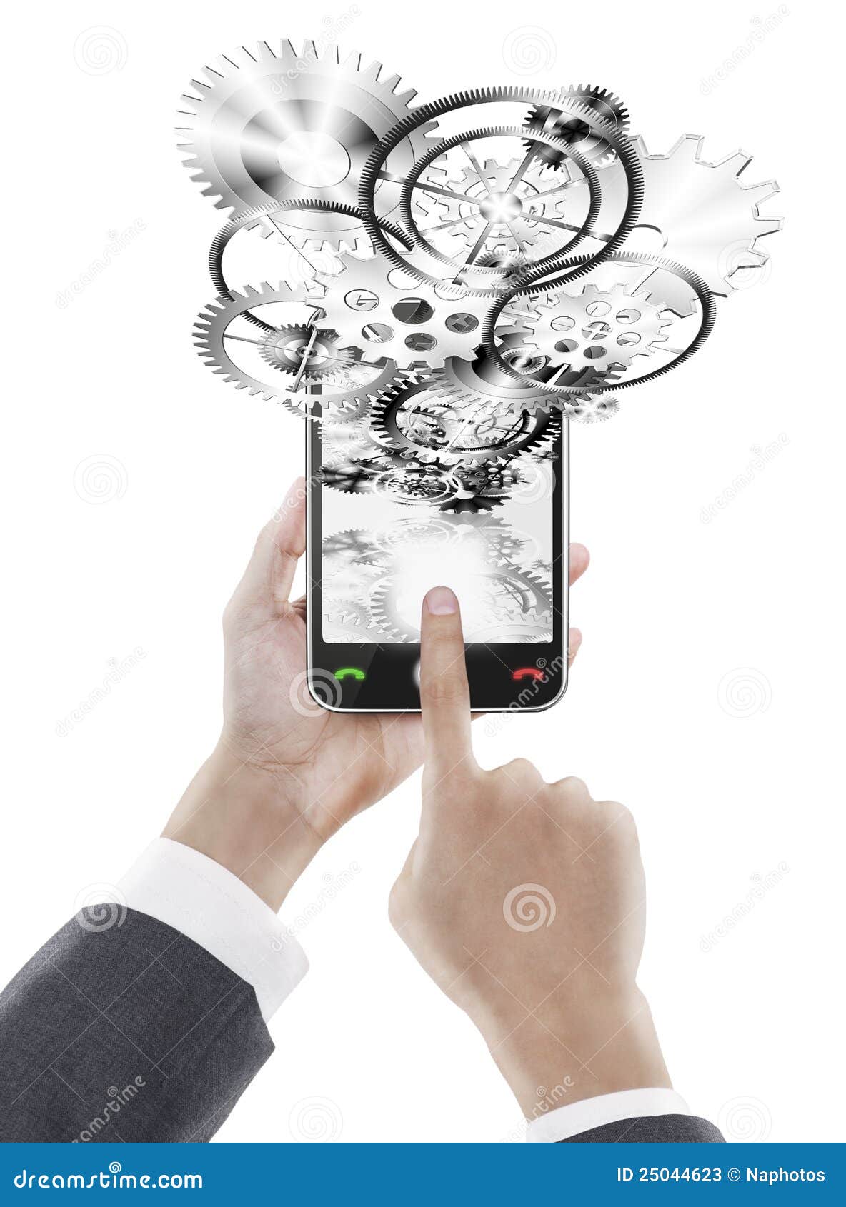Businessman Pressing Smart Phone with Gear Wheel Stock Image - Image of ...