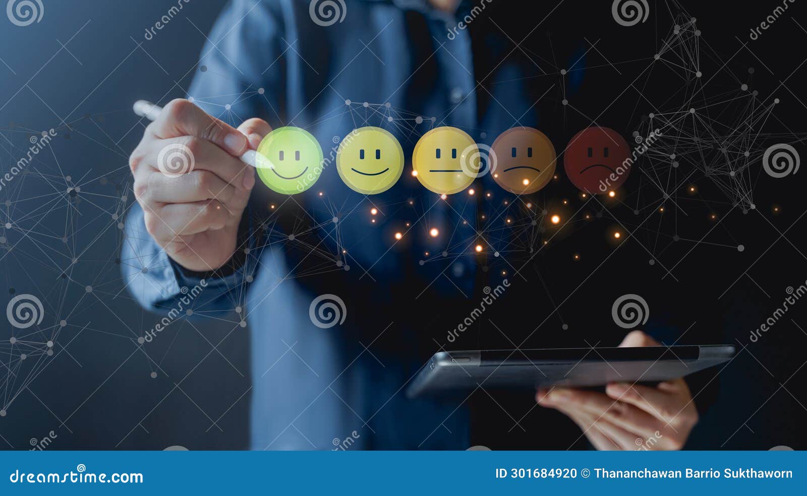 Businessman Pressing Smiley Face Emoticon on Virtual Touch Screen ...
