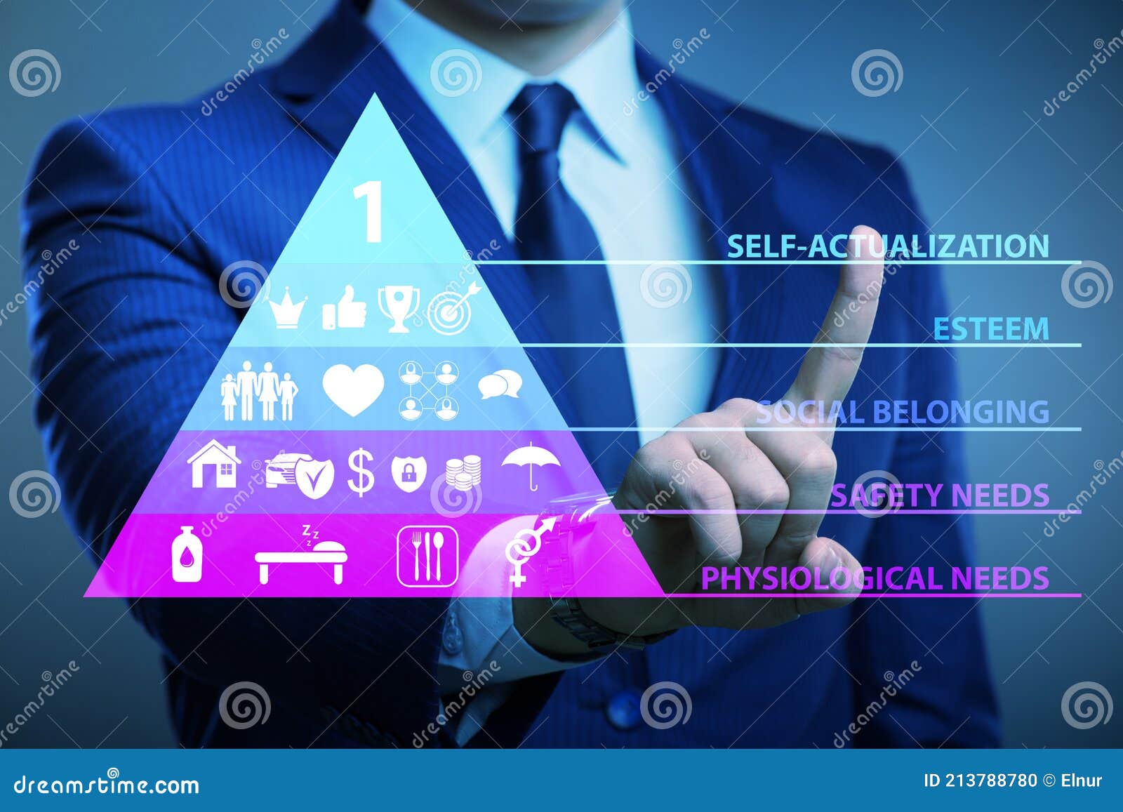 Businessman Pressing To Maslow Hierarchy of Needs Stock Illustration ...