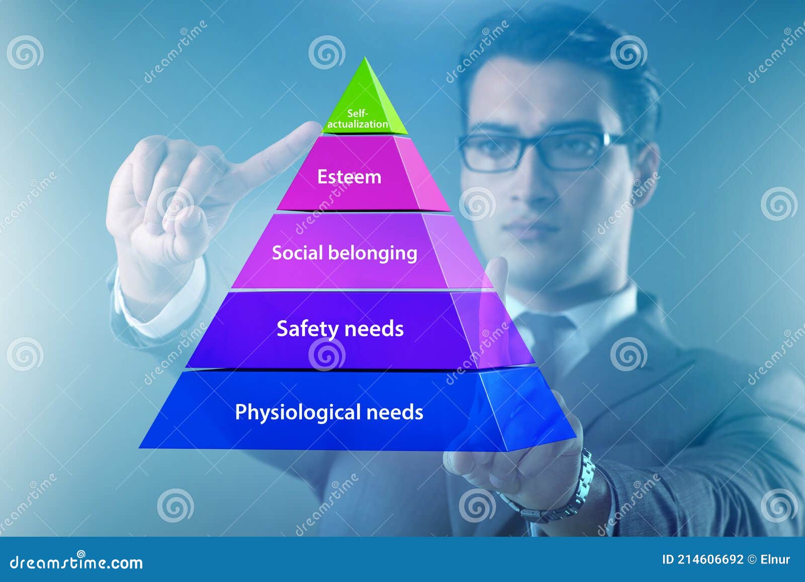 Businessman Pressing To Maslow Hierarchy of Needs Stock Illustration ...