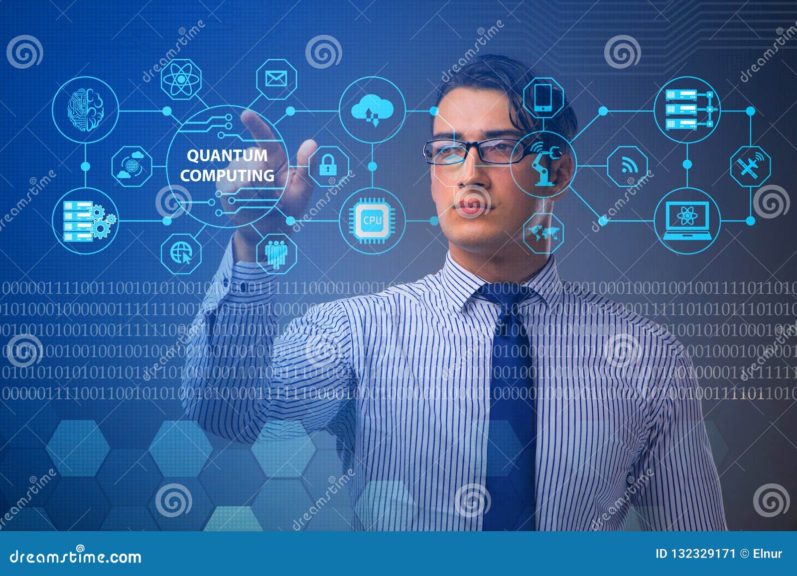 The Businessman Pressing Virtual Button in Quantum Computing Concept ...