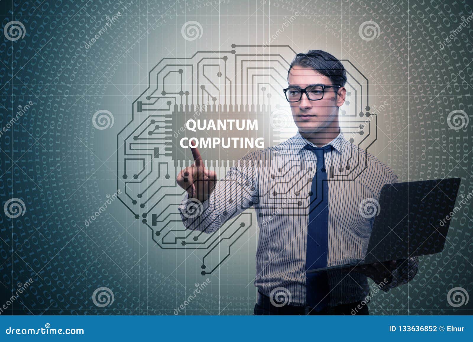 The Businessman Pressing Virtual Button in Quantum Computing Concept ...