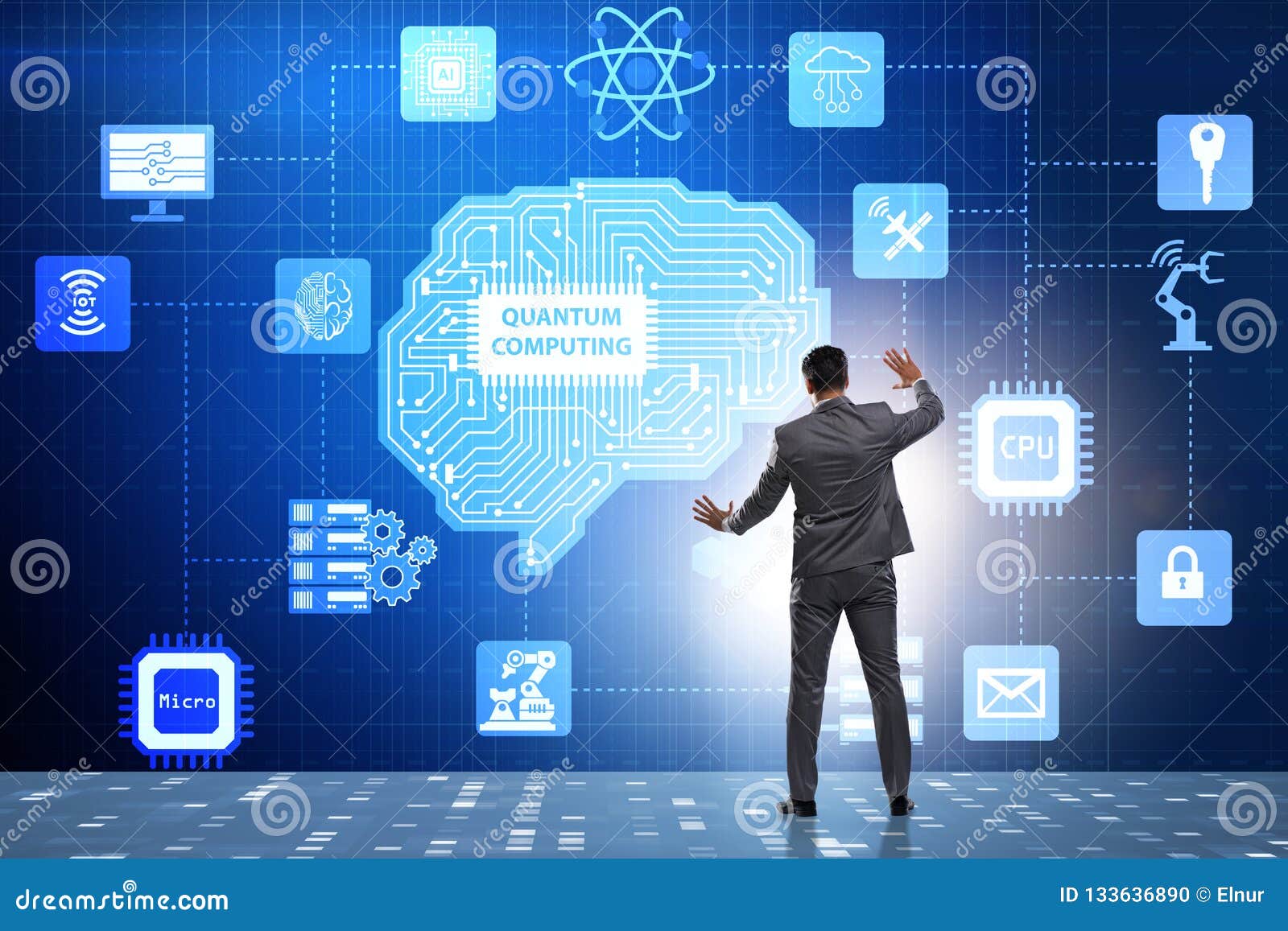 The Businessman Pressing Virtual Button in Quantum Computing Concept ...