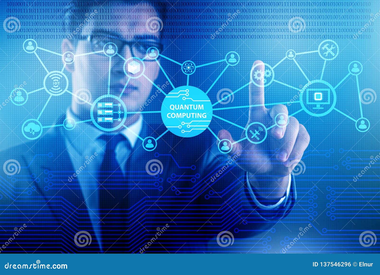 The Businessman Pressing Virtual Button in Quantum Computing Concept ...