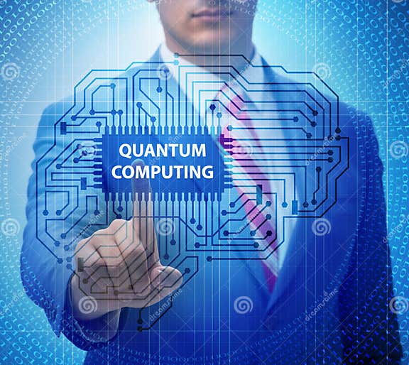 Businessman Pressing Virtual Button in Quantum Computing Concept Stock ...