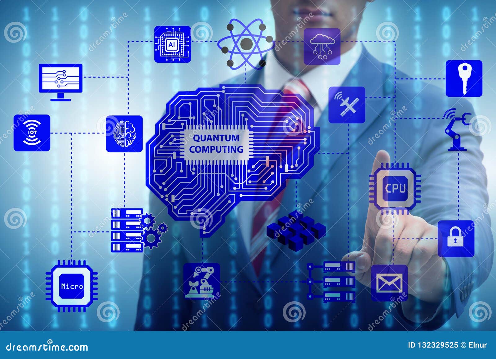 The Businessman Pressing Virtual Button in Quantum Computing Concept ...