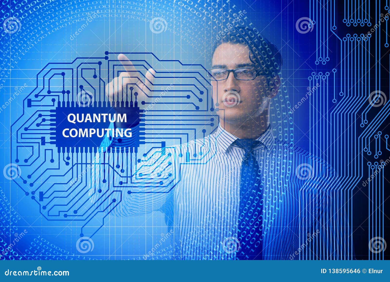 The Businessman Pressing Virtual Button in Quantum Computing Concept ...