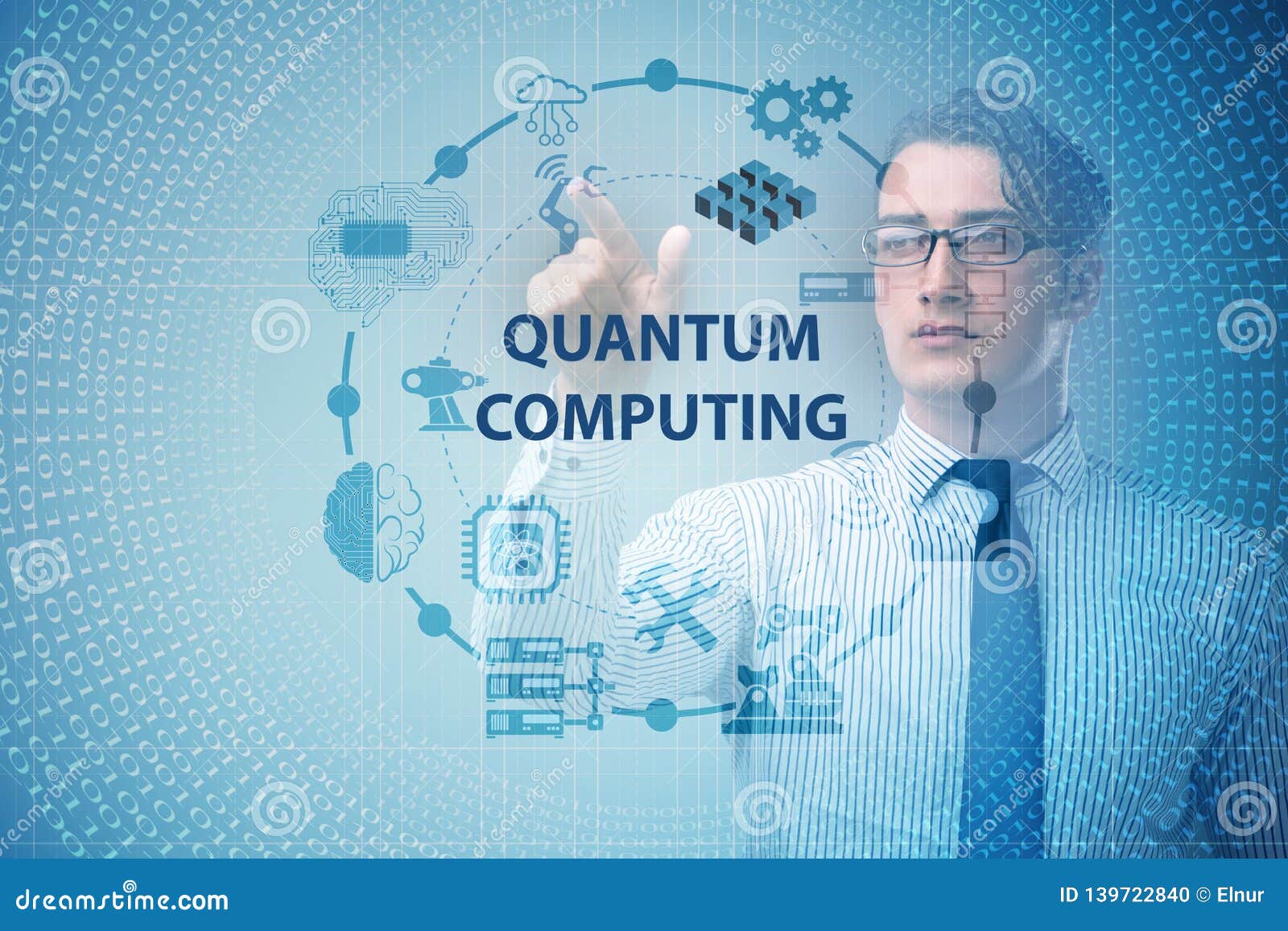The Businessman Pressing Virtual Button in Quantum Computing Concept ...