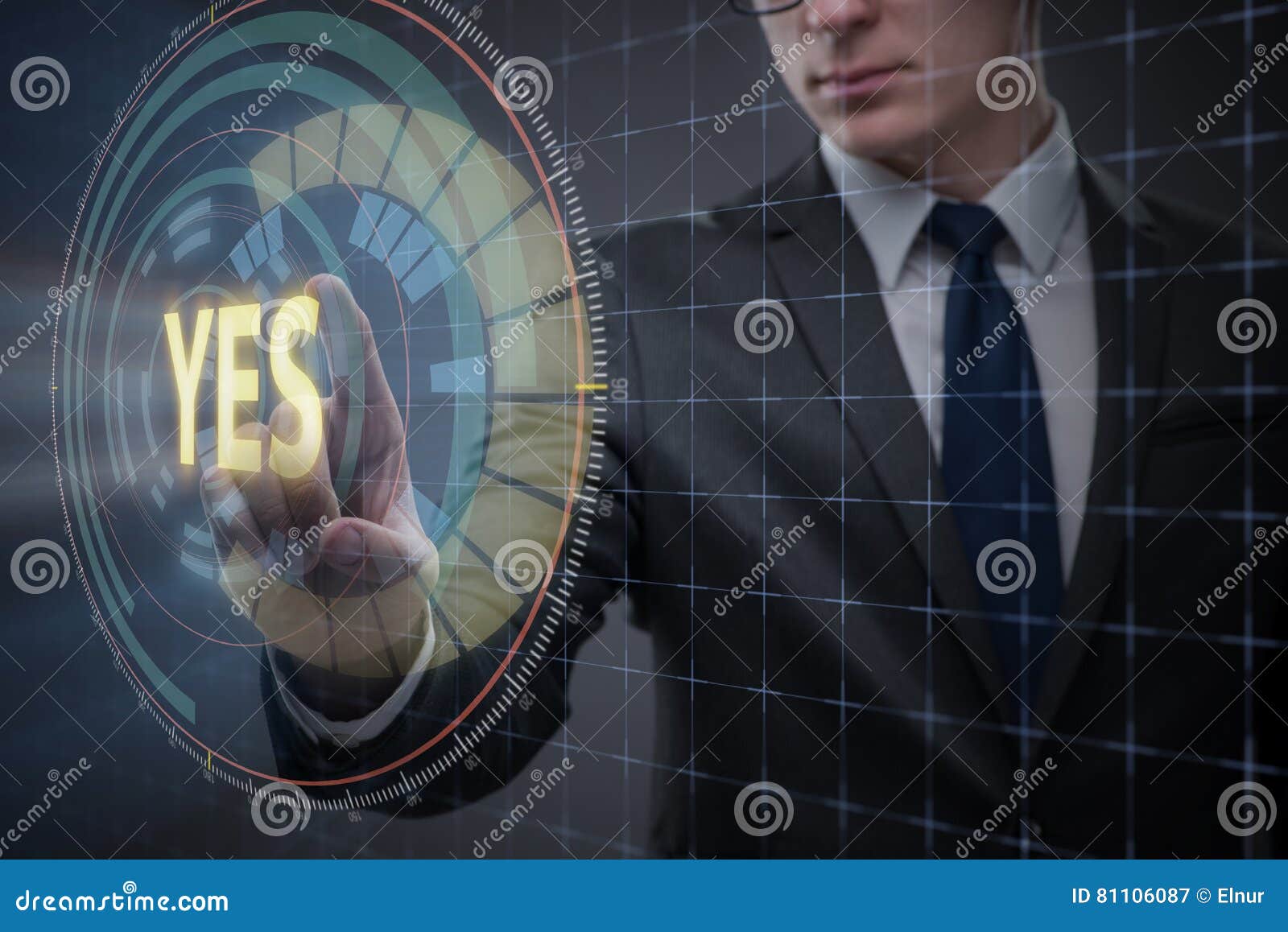 The Businessman Pressing Virtual Button Yes Stock Illustration ...