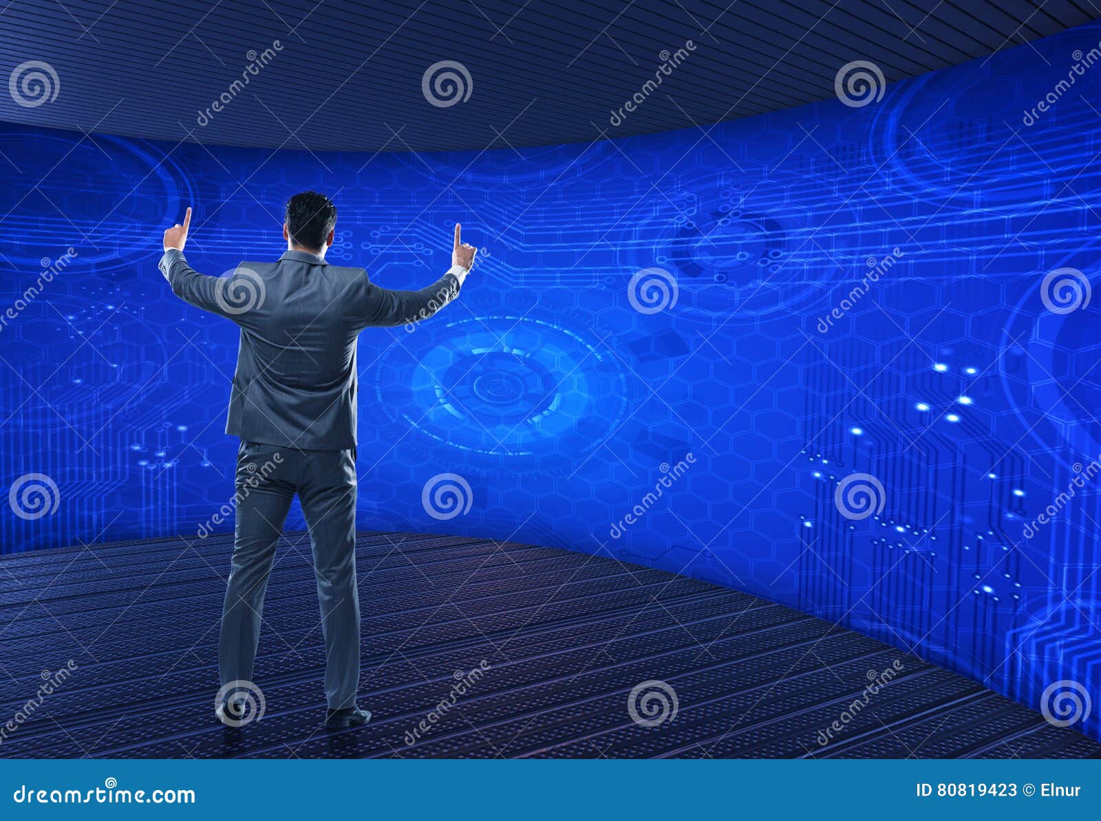 The Businessman Pressing Virtual Buttons in Futuristic Concept Stock ...