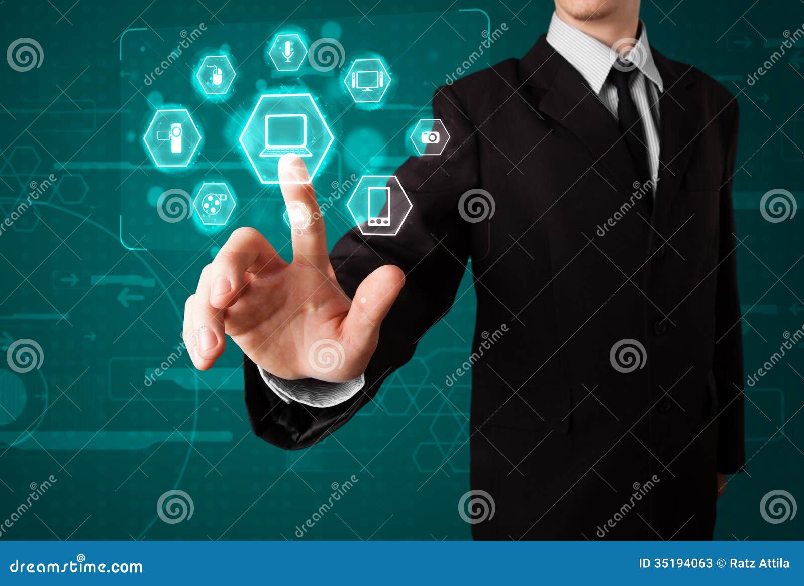 Businessman Pressing Virtual Media Type of Buttons Stock Image - Image ...