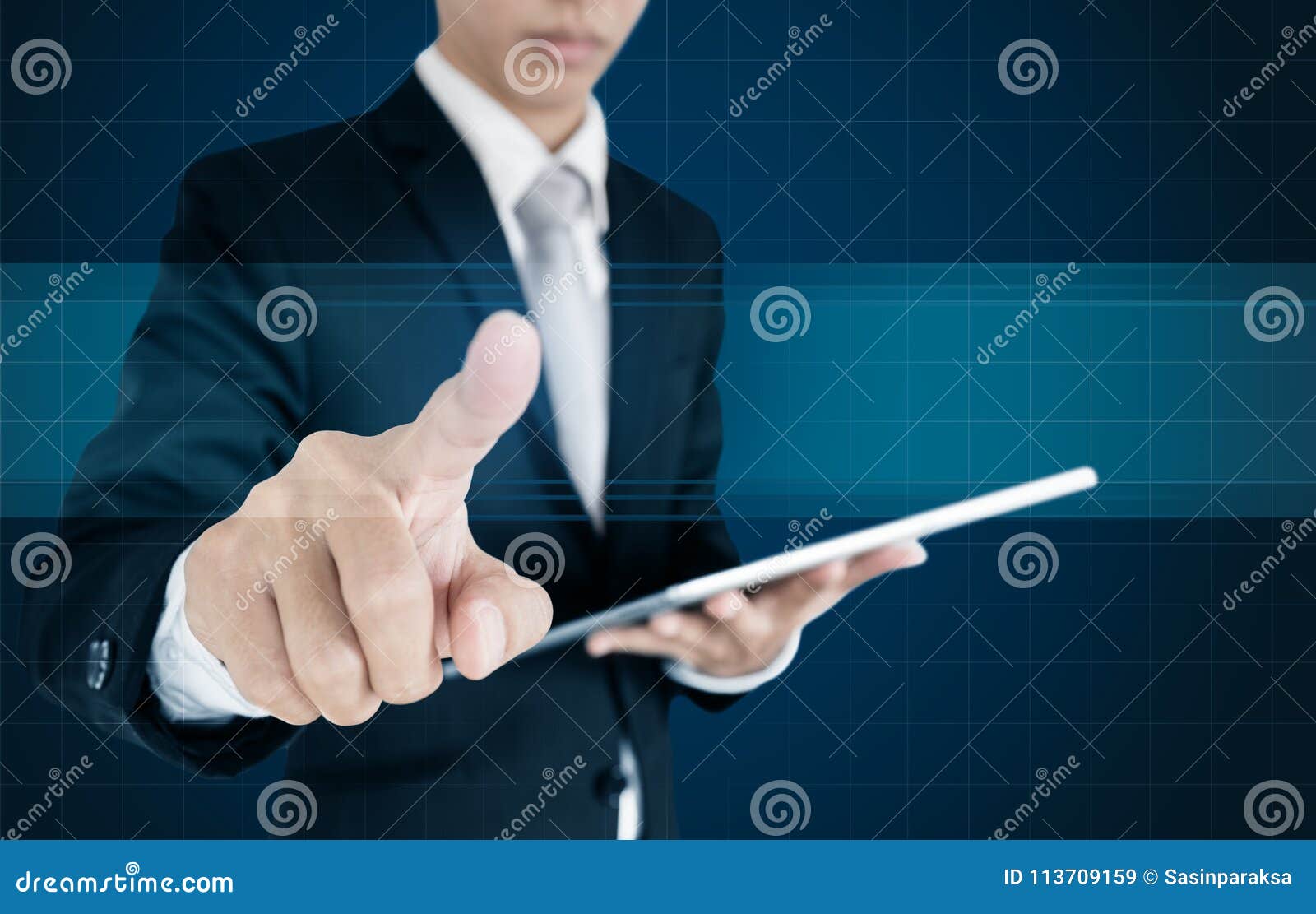 Businessman Pressing on Virtual Screen, with Copy Space Stock Image ...