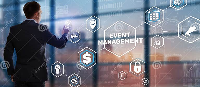 Businessman Pressing on Virtual Screen and Selecting Event Management ...