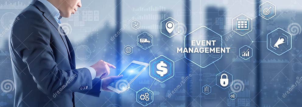 Businessman Pressing on Virtual Screen and Selecting Event Management ...