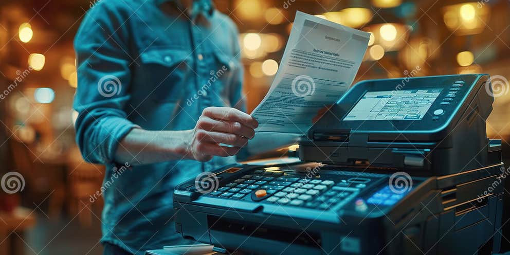 Businessman Printing Documents Using a Multifunction Laser Printer in ...